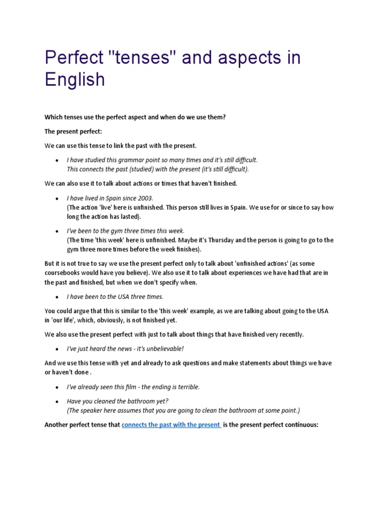 Perfect Tenses and Aspect | PDF | Grammatical Tense | Perfect (Grammar)