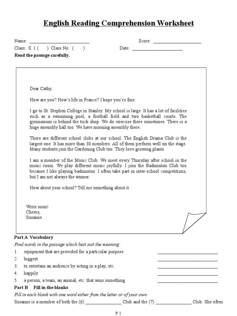 S1 Reading Comprehension Worksheet | PDF | Reading (Process) | Reading ...