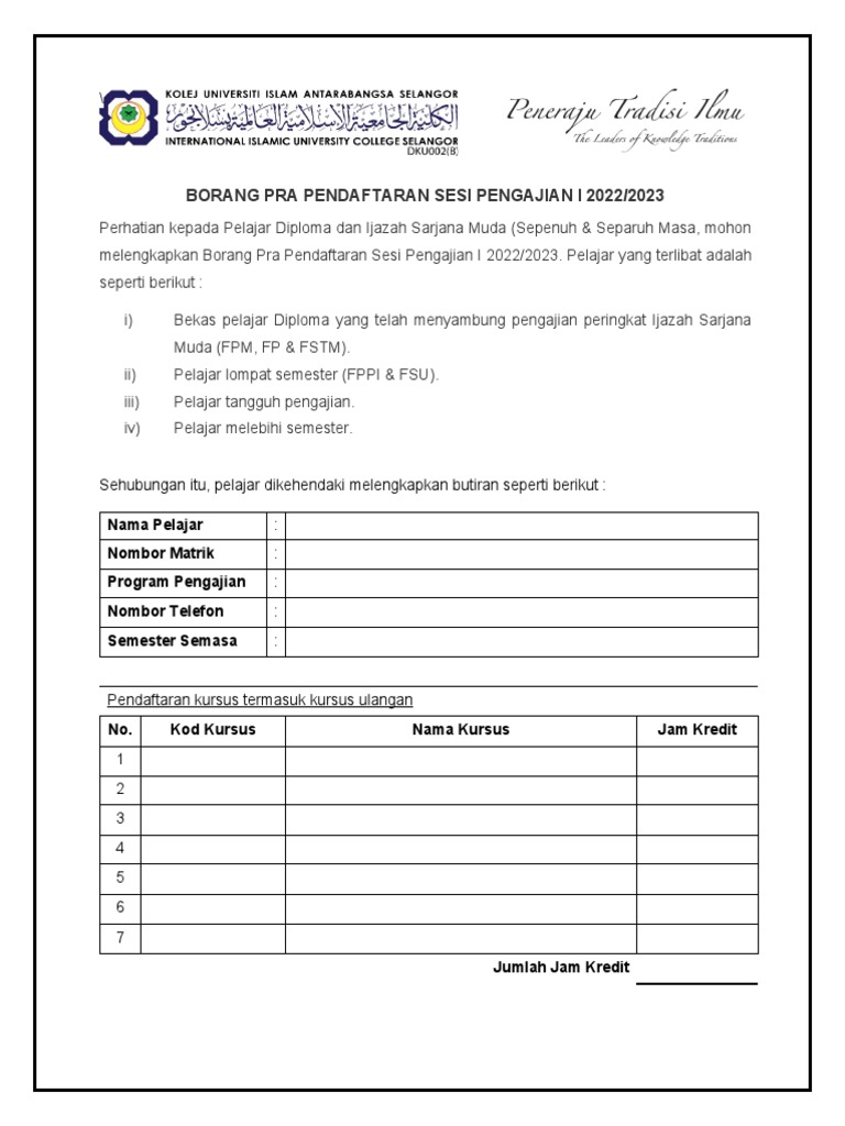 Borang Pra Pendaftaran Sesi I 2022-2023 | PDF