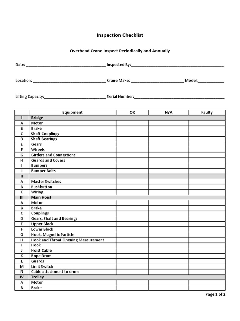 Inspection Checklist-Over Head Crane | PDF | Crane (Machine ...