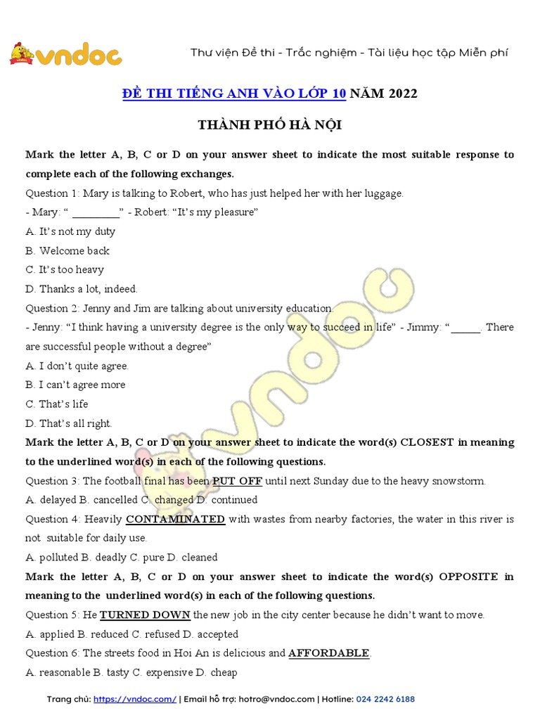 De Thi Thu Tuyen Sinh Lop 10 Mon Anh Ha Noi Nam 2022 | PDF | Earth | Sun