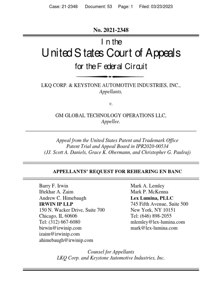 LKQ v. GM - Petition For Rehearing en Banc | PDF | Prior Art | Title 35 ...