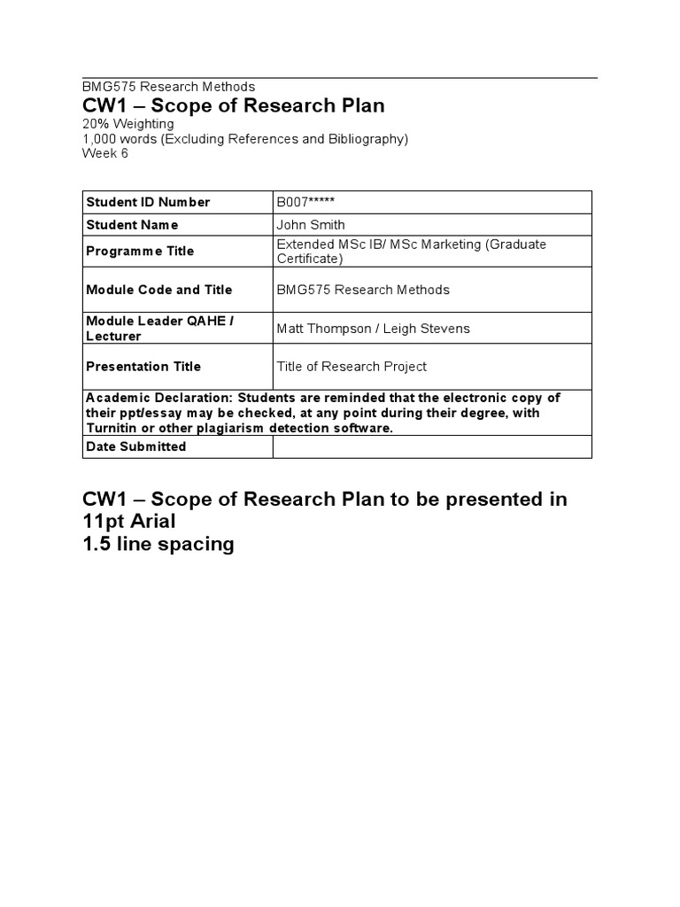 BMG575 Research Methods CW1 Research Plan Template JAN 23 | PDF | Turnitin | Science