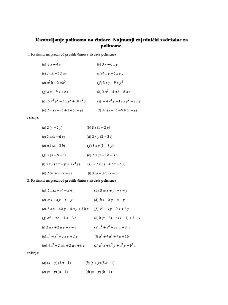 Rastavljanje Polinoma Na C48dinioce Nzs Za Polinome Zadaci Za Vec5bebu | PDF