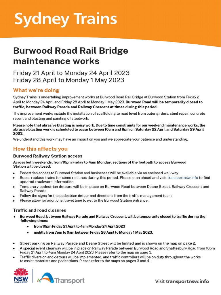 Burwood Road Rail Bridge Maintenance Works: Friday 21 April To Monday ...
