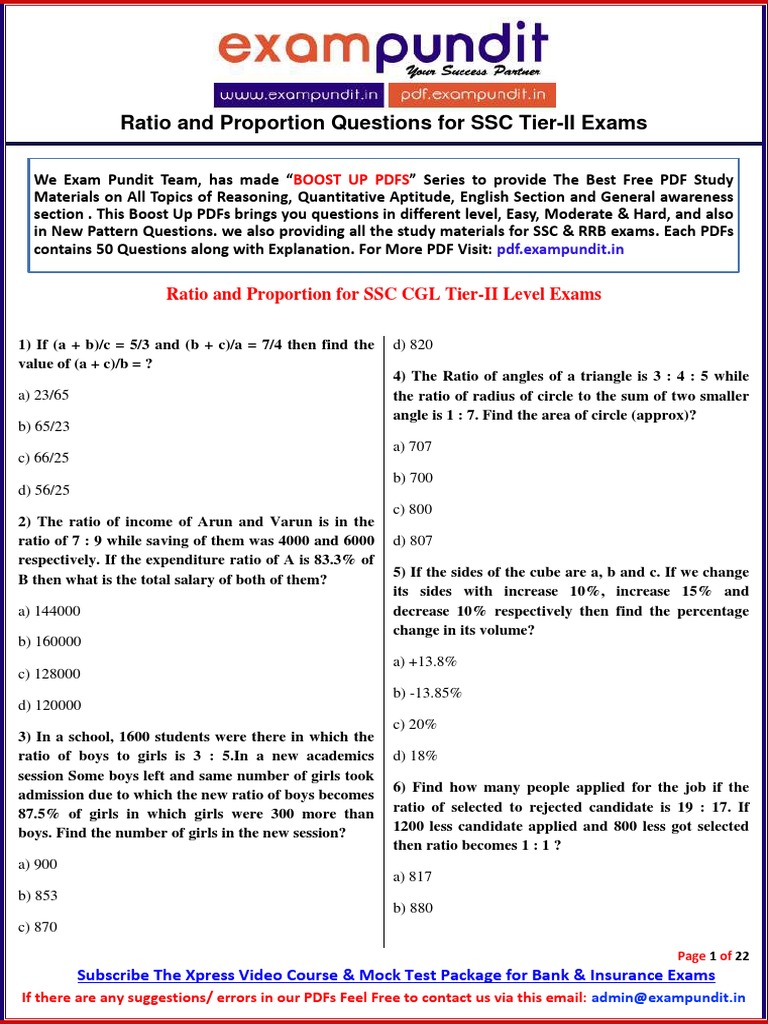 Ratio and Proportion Questions PDF For SSC Tier II Exams | PDF ...