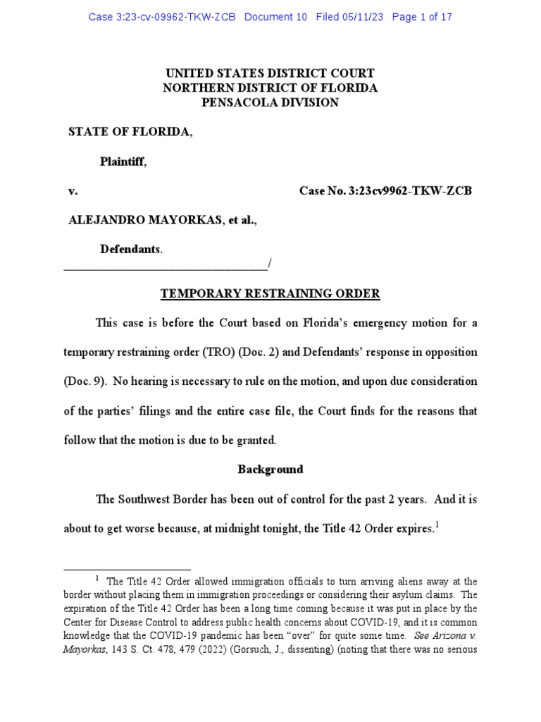 Florida's Emergency TRO on Immigration Policy | PDF | Injunction ...