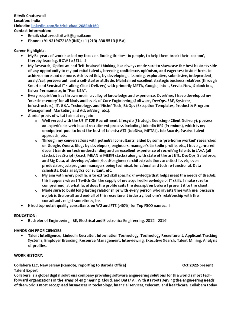 Ritwik Chaturvedi - Resume | PDF | Recruitment | Analytics Ritwik Chaturvedi - Resume | PDF | Recruitment | Analytics