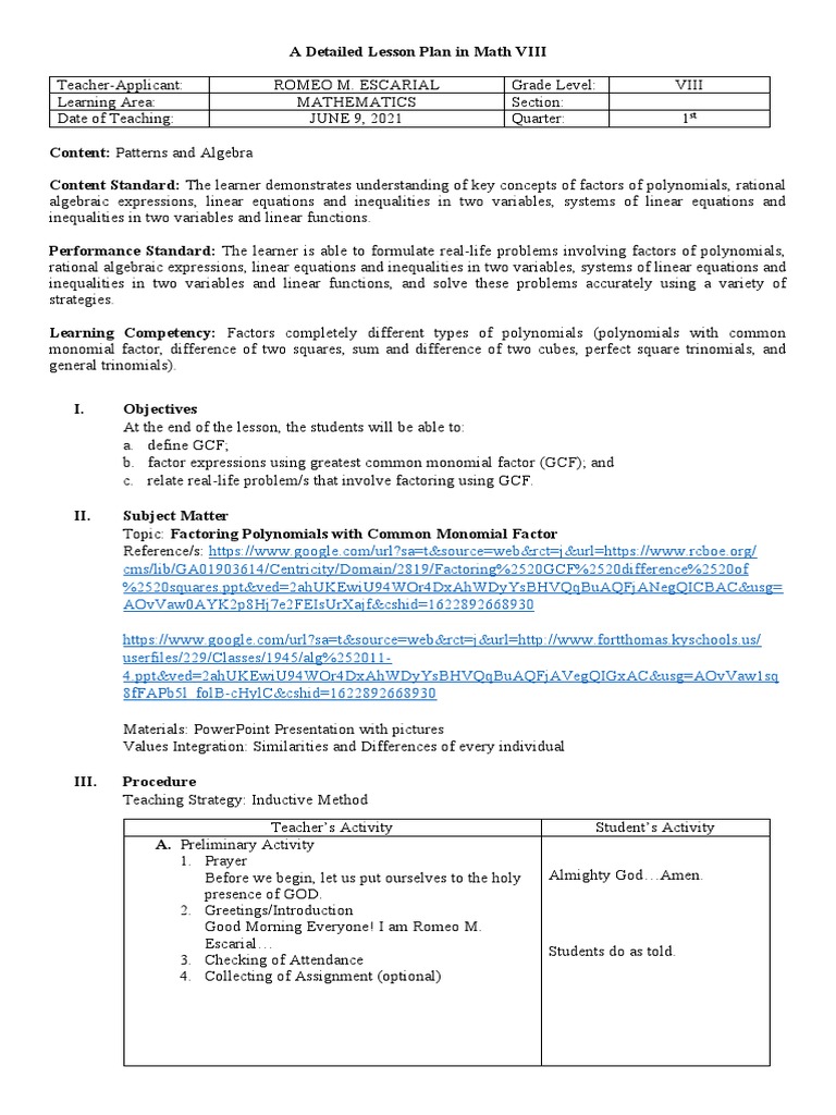 Deped. LESSON PLAN For DEMO | PDF | Factorization | Polynomial