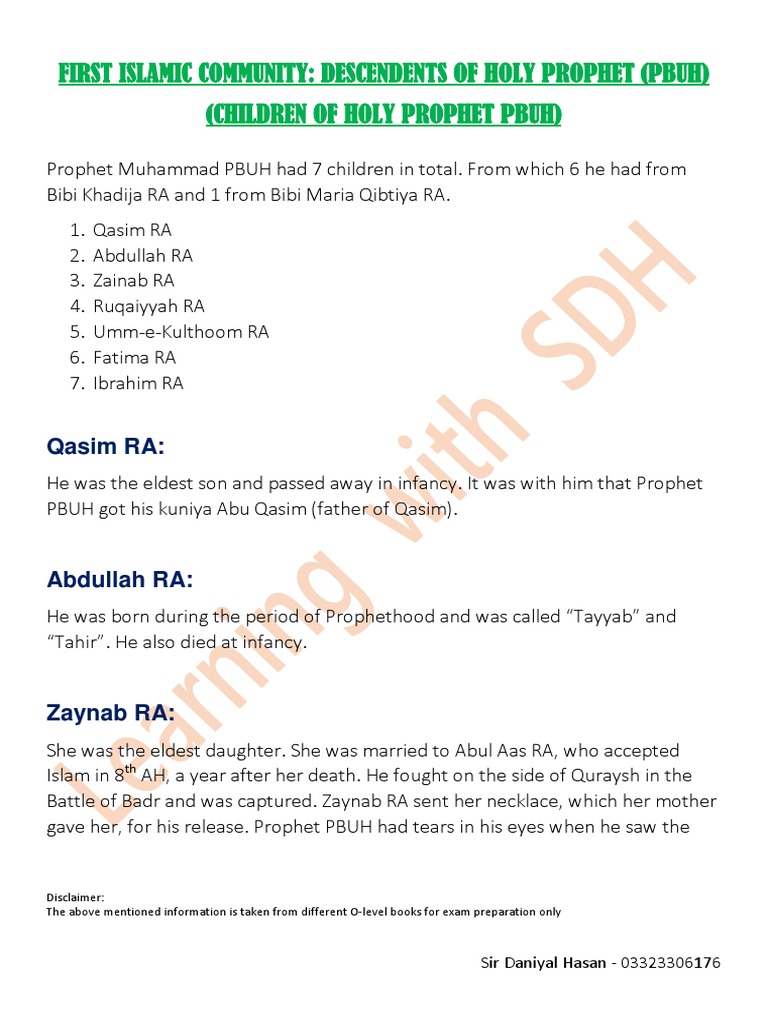 Prophet's PBUH Children - Sir Daniyal Hasan | PDF