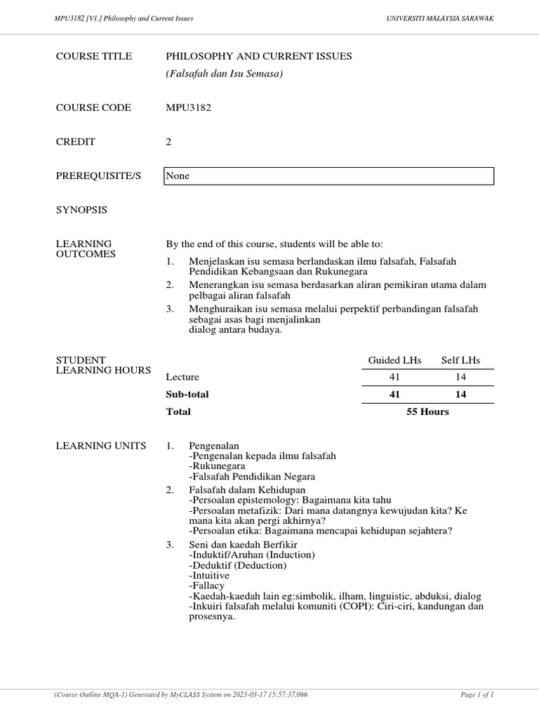 Course Outline MPU 3182 | PDF