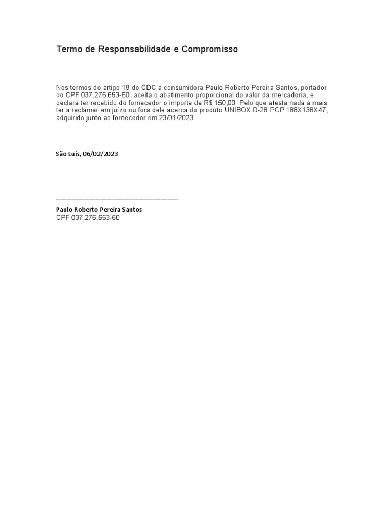 Termo de Responsabilidade e Compromisso | PDF Termo de Responsabilidade e Compromisso | PDF