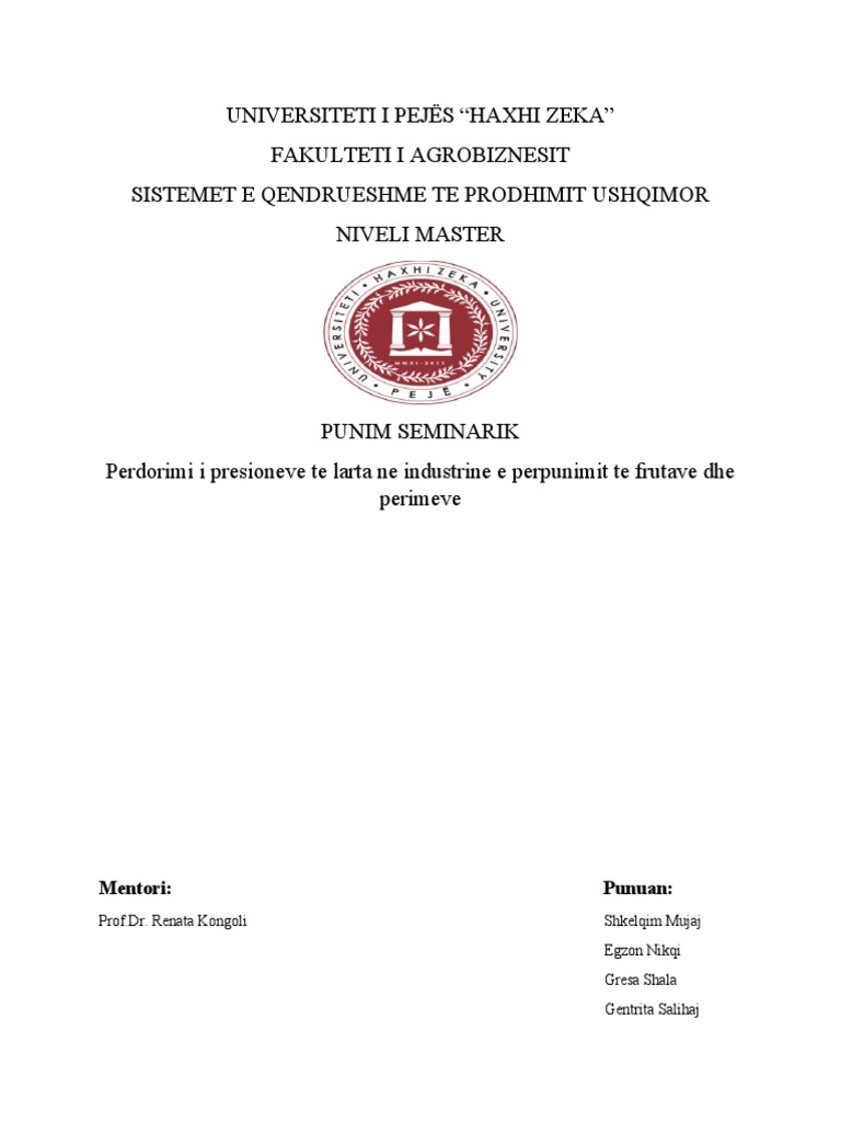Perdorimi I Presioneve Te Larta Ne Industrine e Perpunimit Te Frutave ...