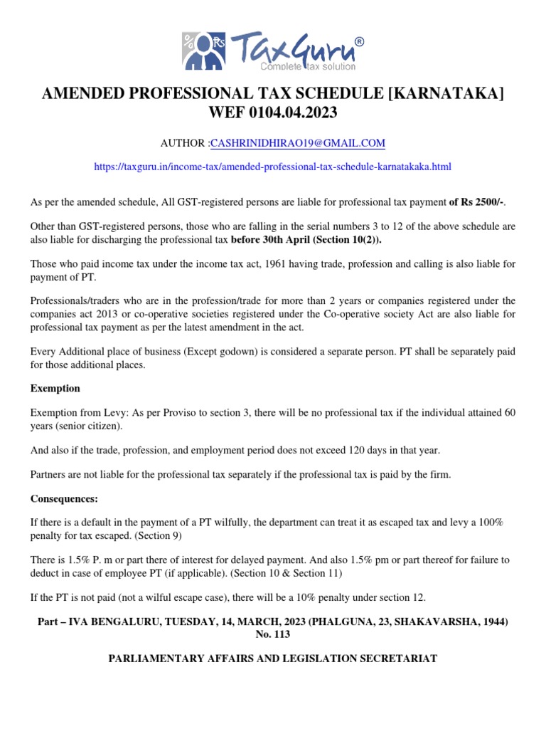 Amended Professional Tax Schedule | PDF