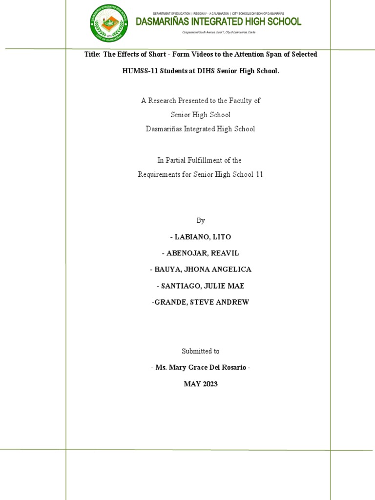 The Effects of Short Form Videos On The Attention Span of The Selected HUMSS 11 Group 7 ...