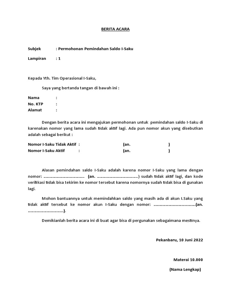 CONTOH BERITA ACARA CLAIM SALDO ISAKU Karna Nomor Tidak Aktif | PDF