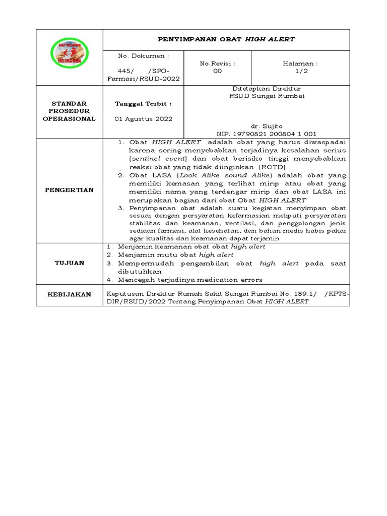 Sop Penyimpanan Obat High Alert Pdf