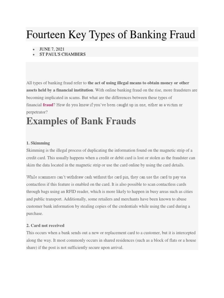 Fourteen Key Types of Banking Fraud PDF | PDF | Cybercrime | Service ...