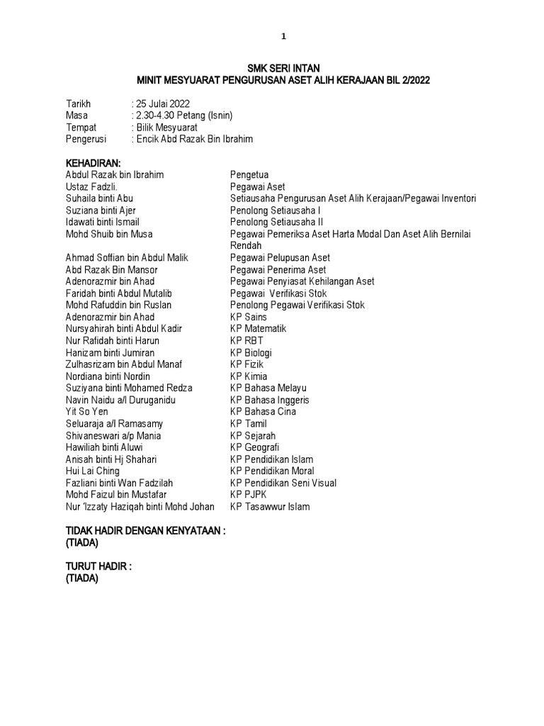 Minit Mesyuarat Pengurusan Aset Bil 2 2022 | PDF