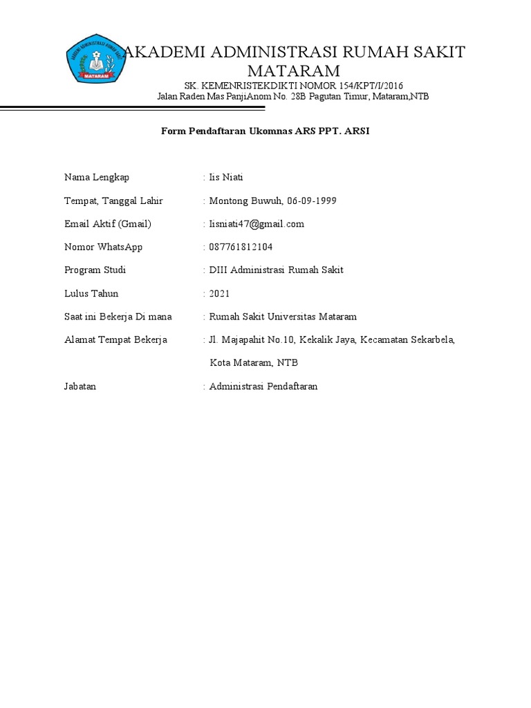 AARS Mataram Form Pendaftaran Ukomnas ARS PPT. ARSI 2 | PDF