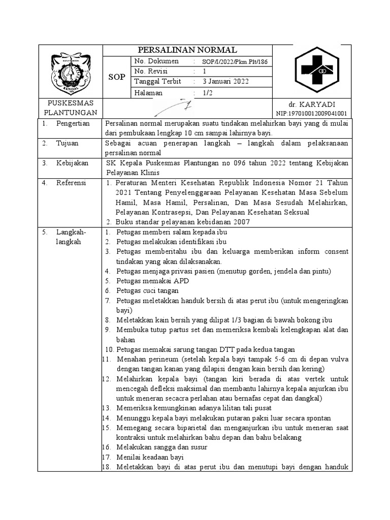 186. SOP PERSALINAN NORMAL | PDF