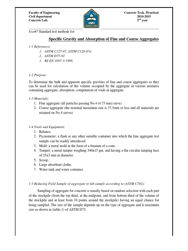 7-Specific Gravity of Fine and Coarse Agg | PDF | Concrete ...
