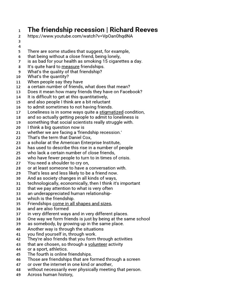 The Friendship Recession - TRANSCRIPT | PDF | Friendship | Loneliness