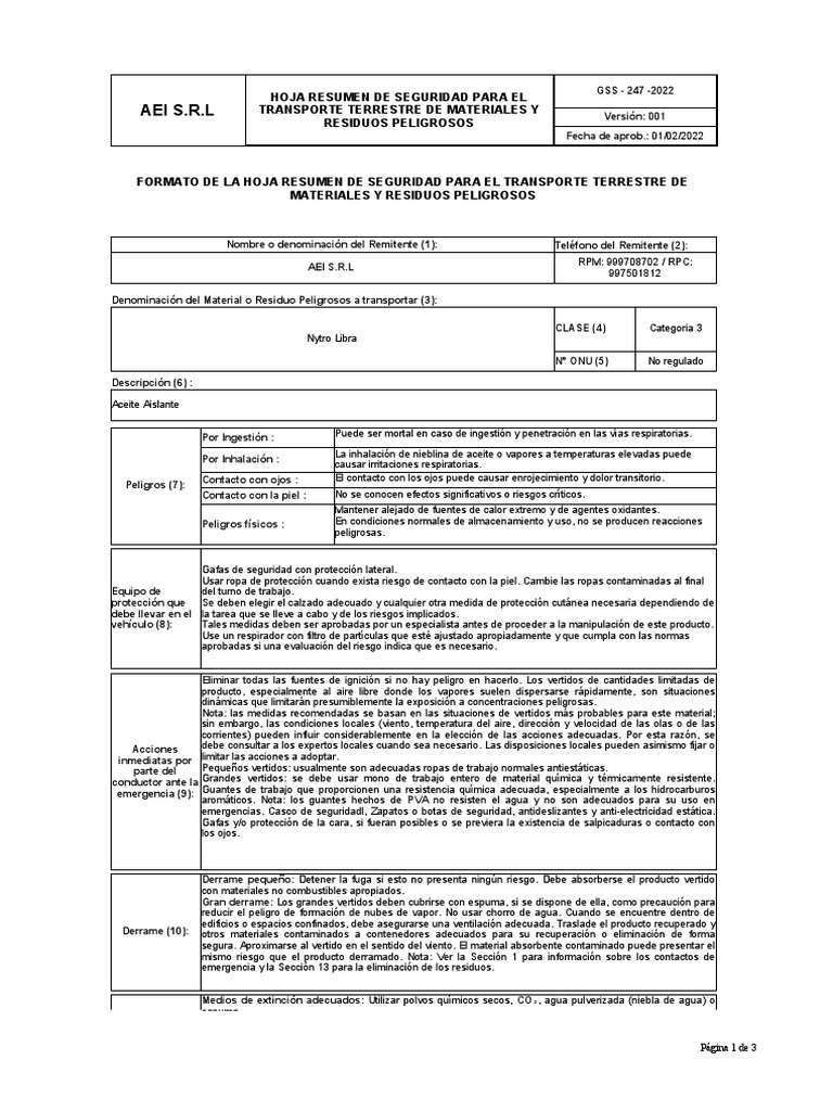 HOJA DE TRANSPORTE NYTRO LIBRA.xlsx | PDF | Agua | Residuos