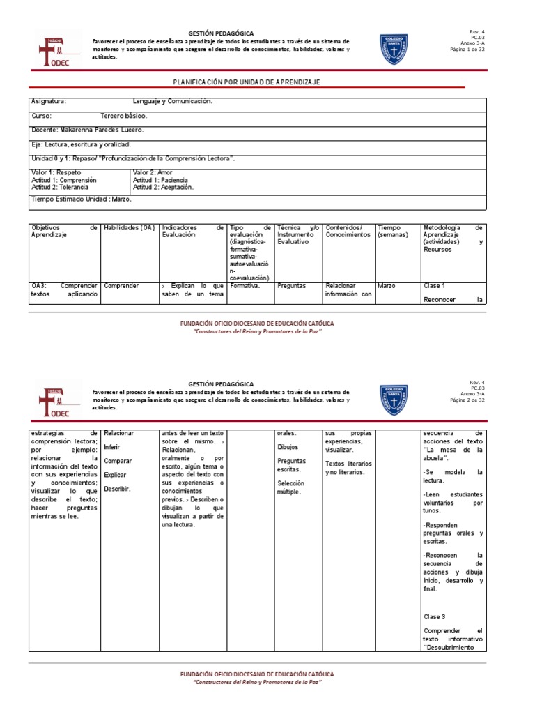 Lenguaje 3° Básico-Planificación Por Unidad de Aprendizaje | PDF | Aprendizaje | Evaluación