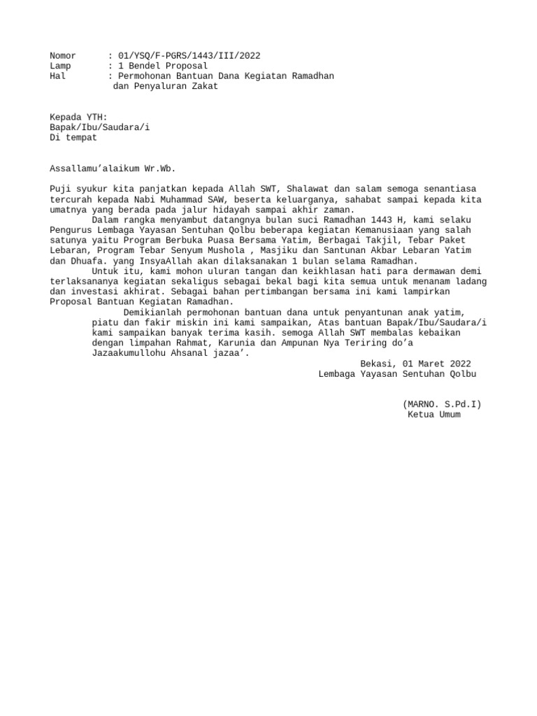 Proposal Pengajuan Bantuan Dana Untuk Program Ramadhan 1443 H | PDF