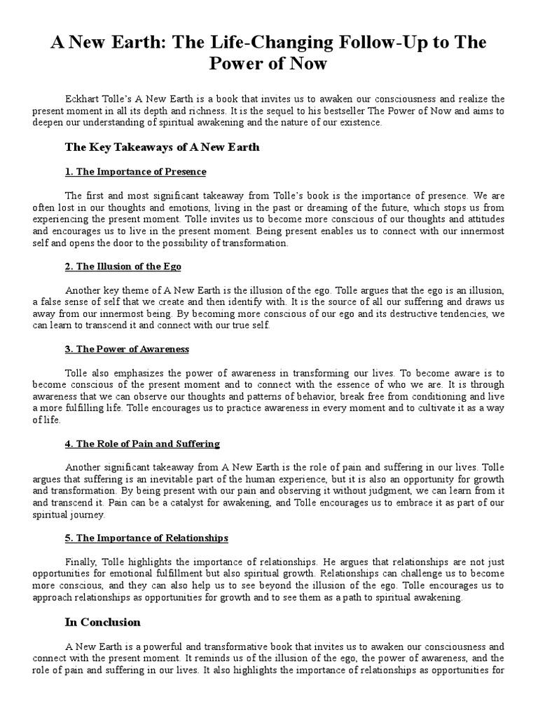 Key Insights from A New Earth by Tolle | PDF | Consciousness | Thought