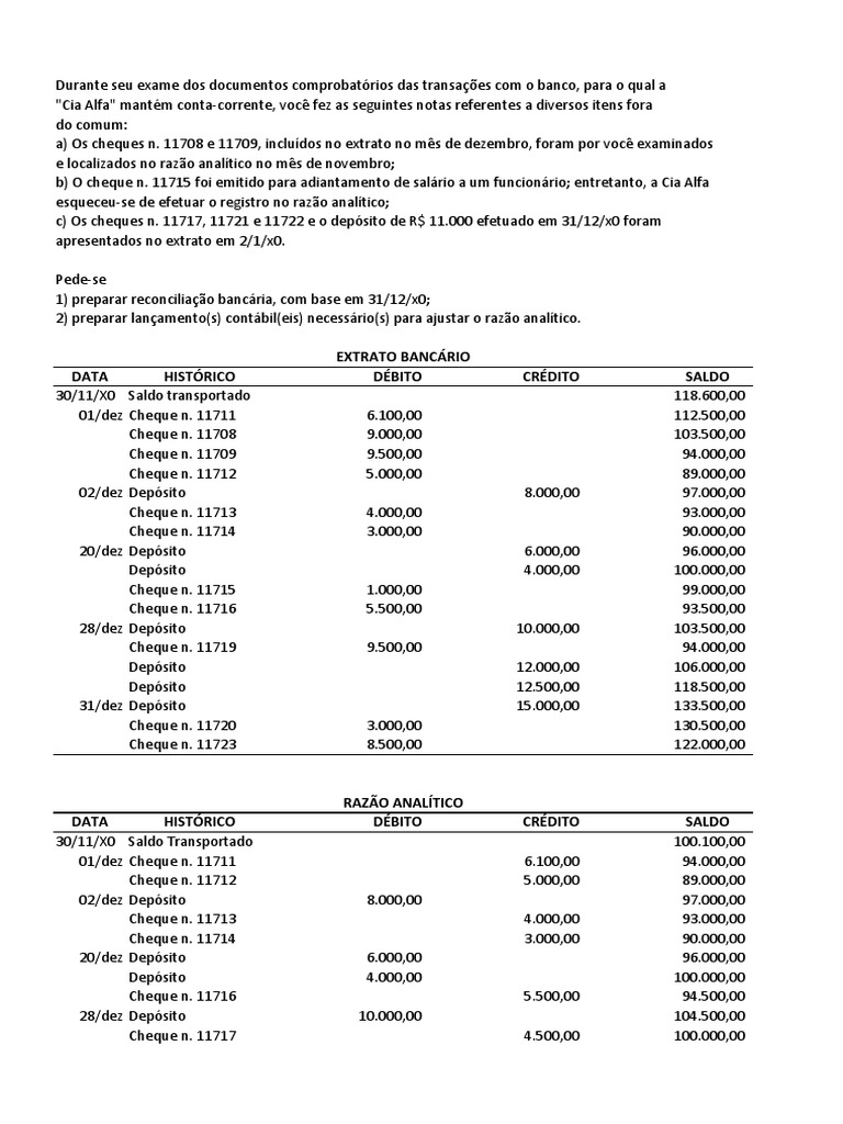 Conciliação Bancária da Cia Alfa | PDF | Cheque (banco) | Conta de ...