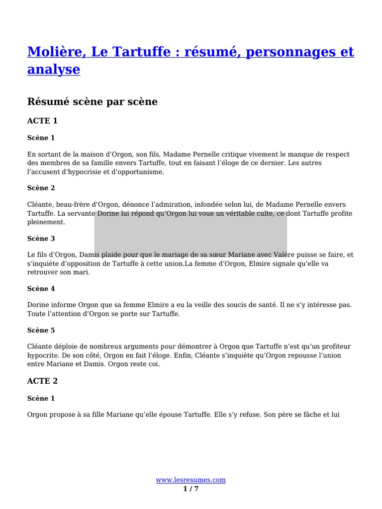 Moliere Le Tartuffe Resume Personnages Et Analyse | PDF