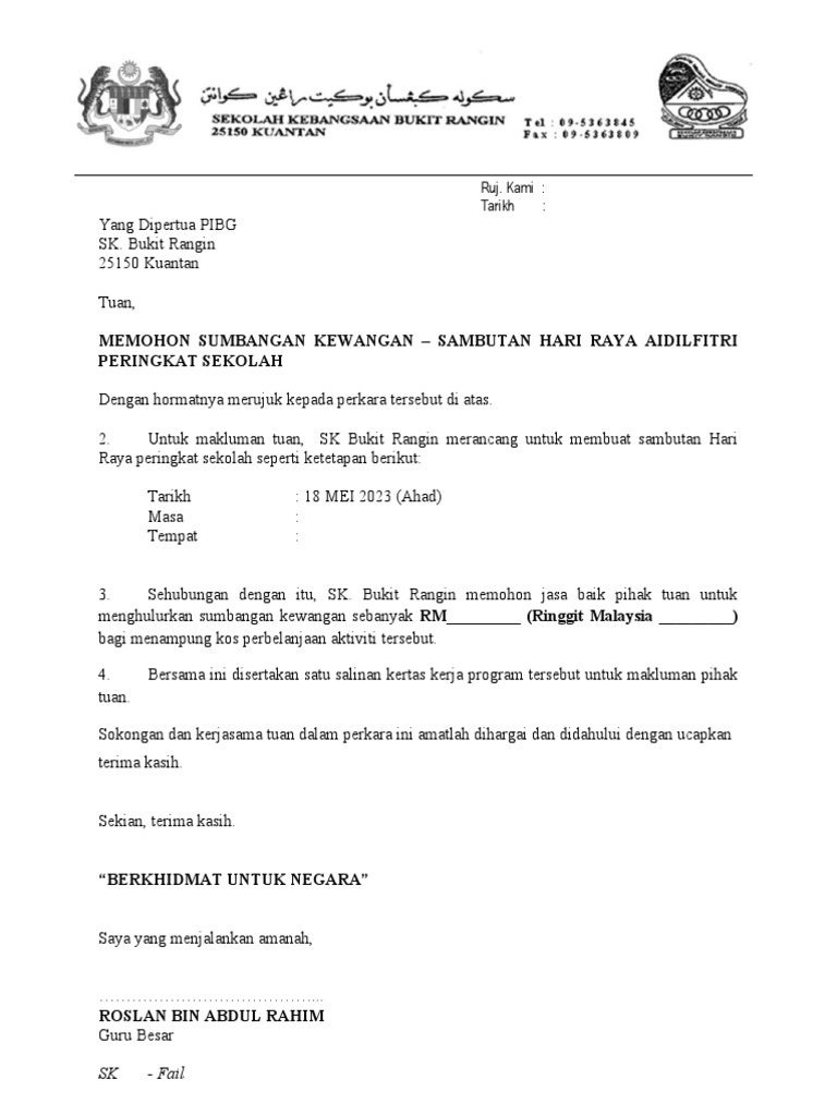 SURAT MOHON BAJET PIBG raya | PDF