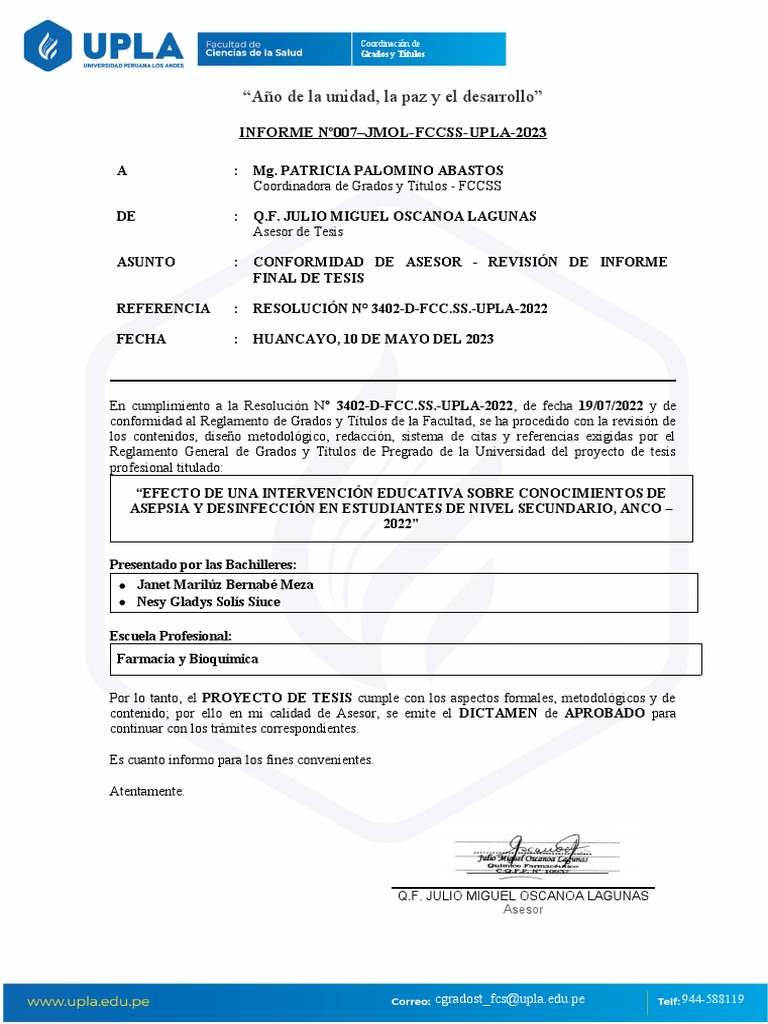 INFORME DE APROBACIÓN - ASESOR - INFORME FINAL DE TESIS - (Solis Siuce ...