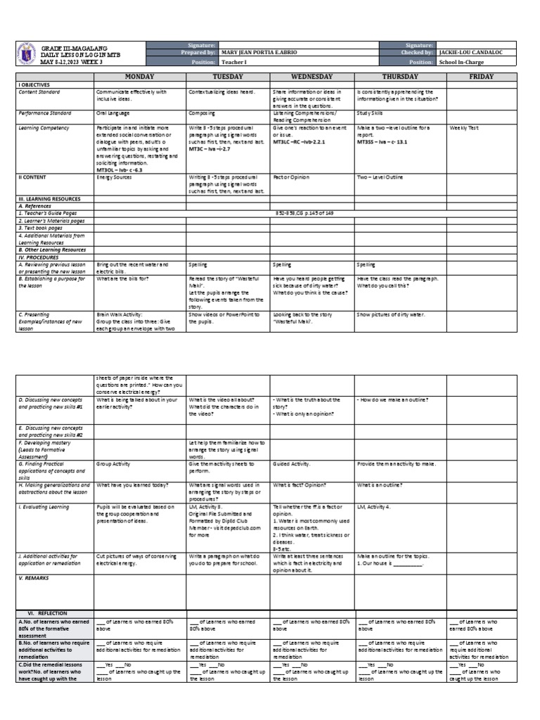 Grade 3 DLL Week 3 Activities and Reflections | PDF | Learning ...