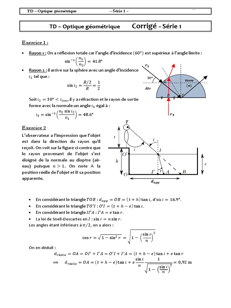 TD Optique Géométrique : Corrigé Série 1 | PDF | Réfraction | Électrodynamique