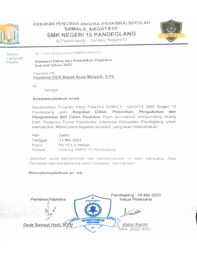 Contoh Surat Permohonan Pemateri Pelantikan Paskibra PDF | PDF