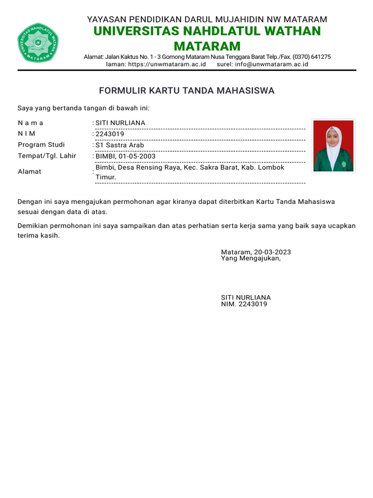 Formulir Kartu Mahasiswa UNW | PDF