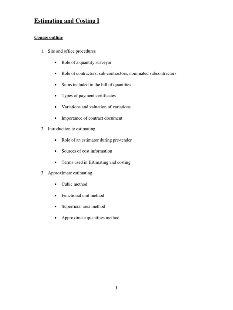 Estimating and Costing I Notes Done by Vincent Momanyi, Kevin Khisa and ...