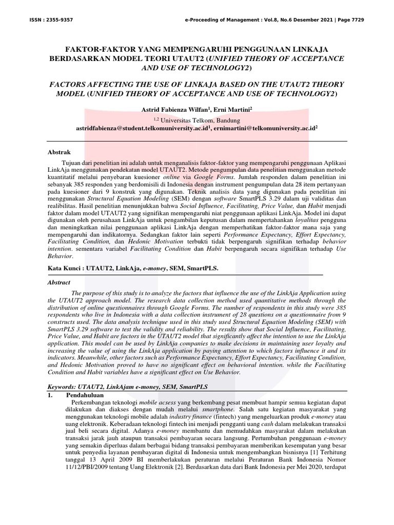 Faktor-Faktor Yang Mempengaruhi Penggunaan Linkaja Berdasarkan Model Teori Utaut2 (Unified ...