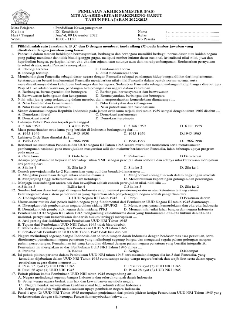 SOAL PAS PPKN KELAS 9 2022 | PDF