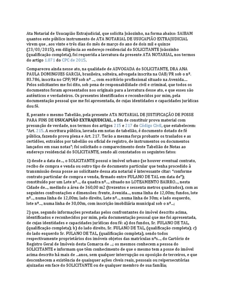 modelo-ata-notarial-de-usucapiao-extrajudicial.docx | PDF | Advogado ...