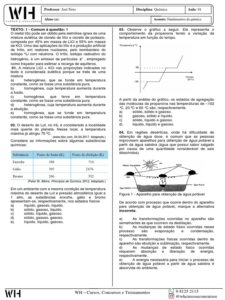 Aula 01 - Química - Joel - EAM | PDF | Água | Substancias químicas