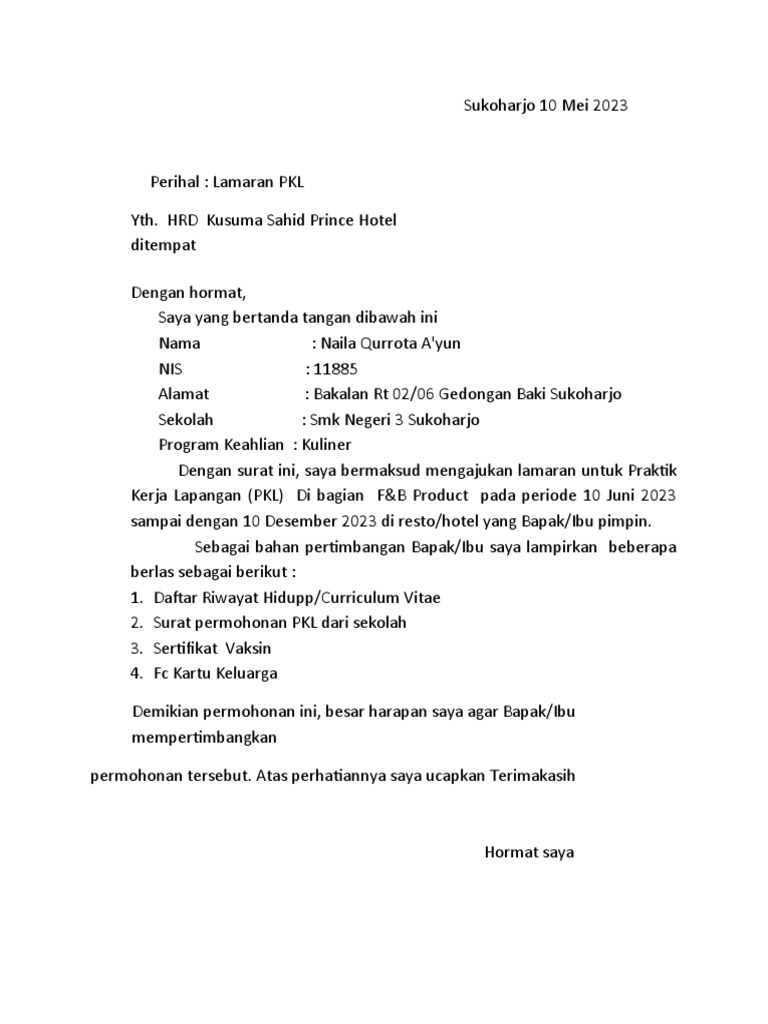 Surat Lamaran Naila Qurrota A'yun | PDF | Karier & Perkembangan