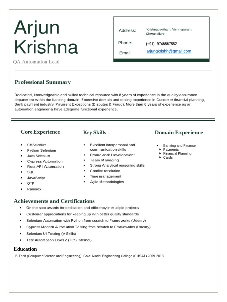 Arjunkrishna Qa Automationlead Pdf Selenium Software Agile Software Development