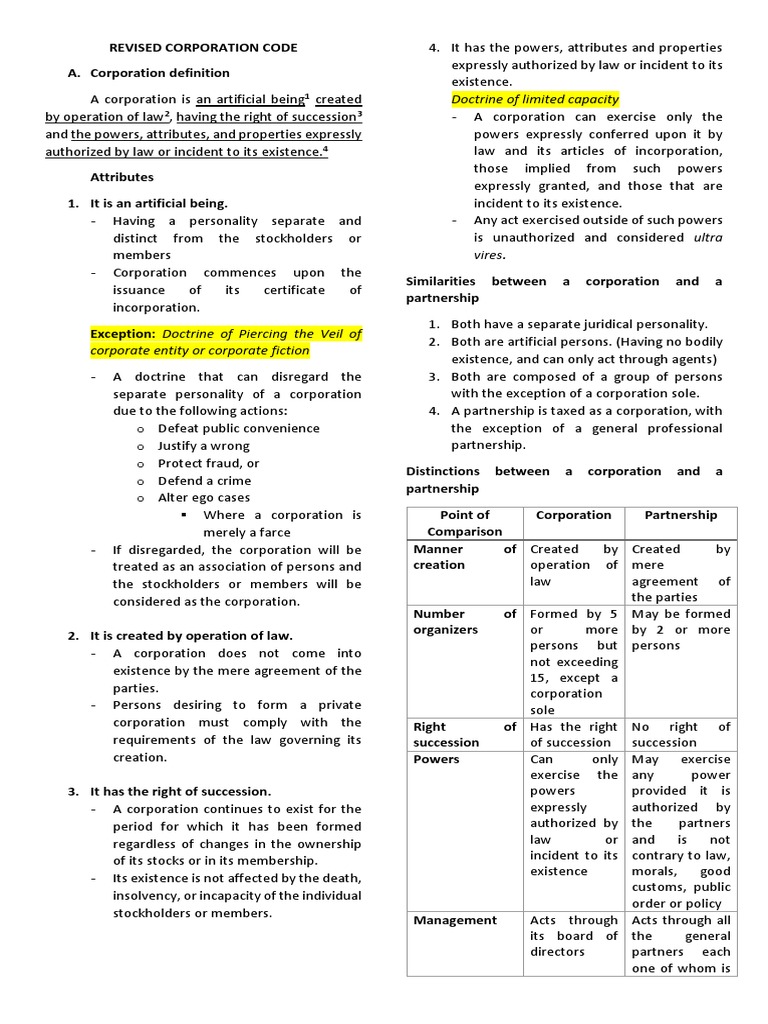 Revised Corporation Code - Reviewer | PDF | Corporations | Business Law