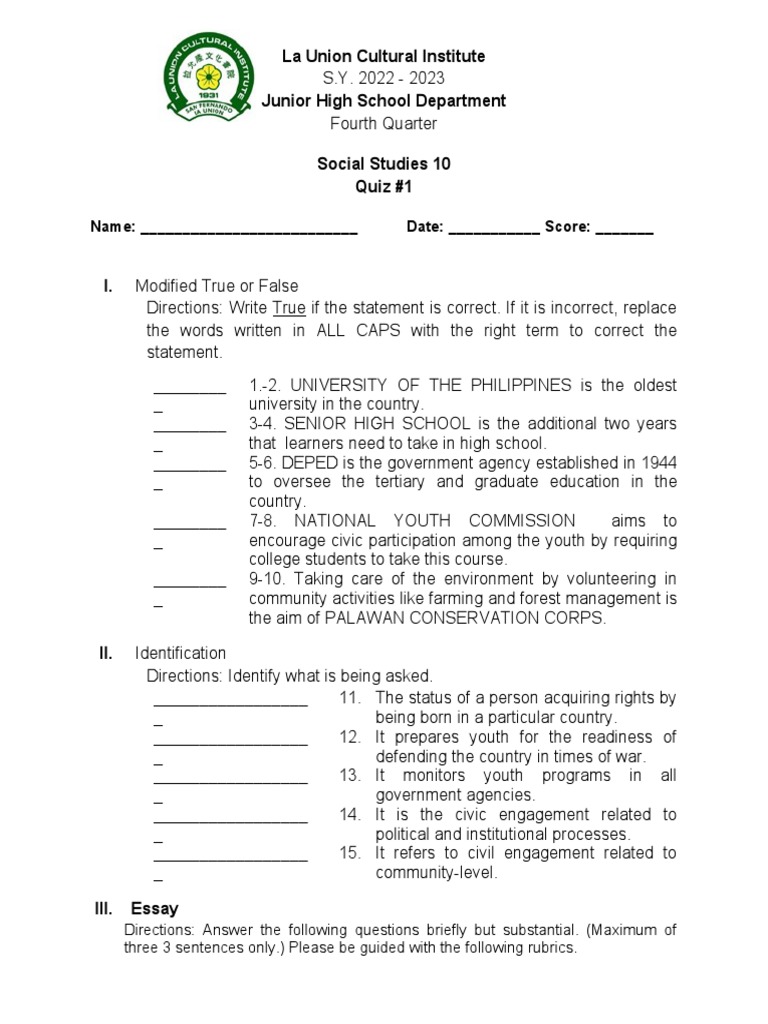 Social Studies 10 Quiz #1 | PDF | Learning