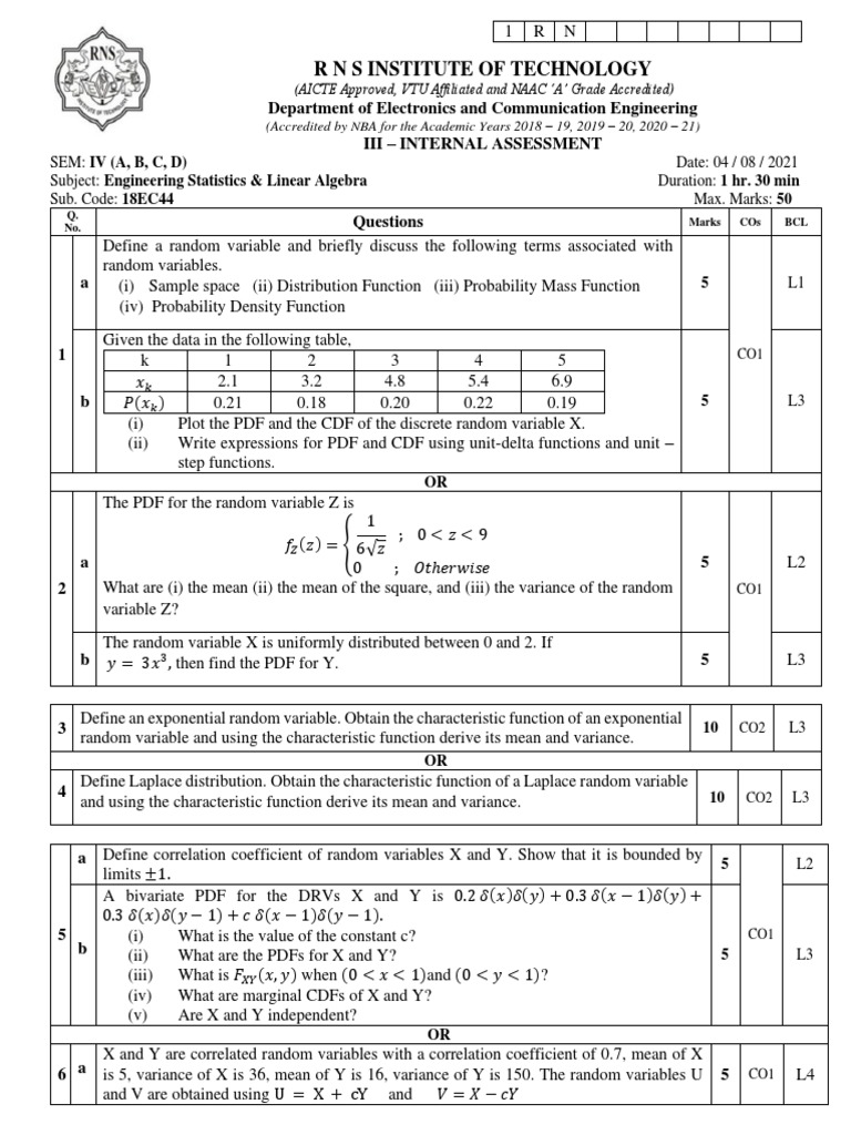Esla 3 Ia QP 2021 | PDF | Probability Density Function | Random Variable