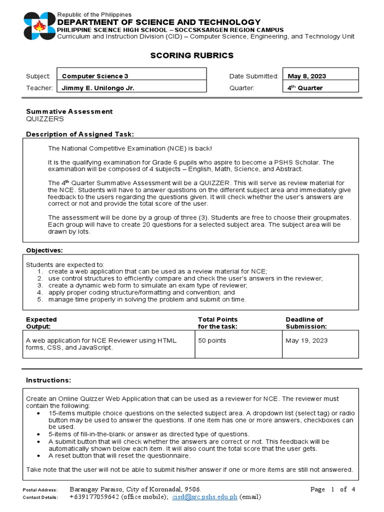 Rubric CS3 Q4 Summative PDF | PDF